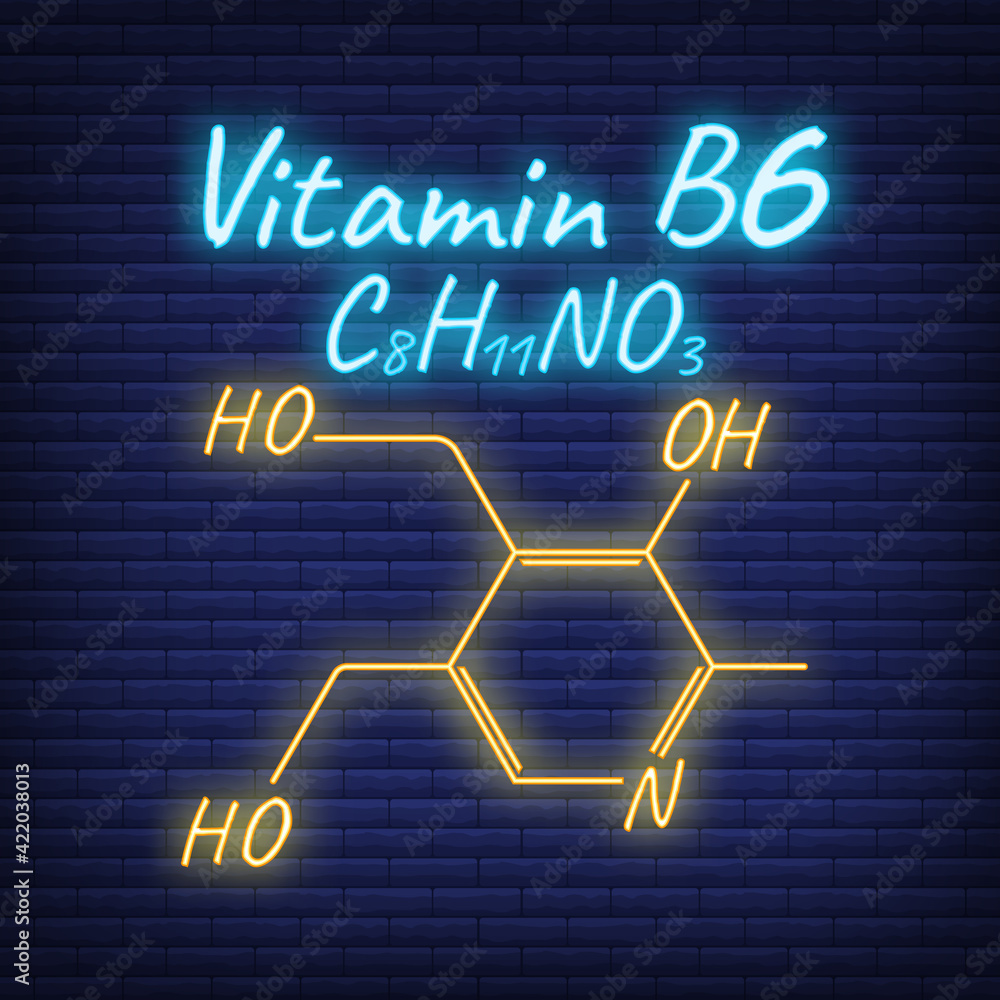 Vitamin B6 Label and Icon glow neon style. Vector Illustration isolated ...