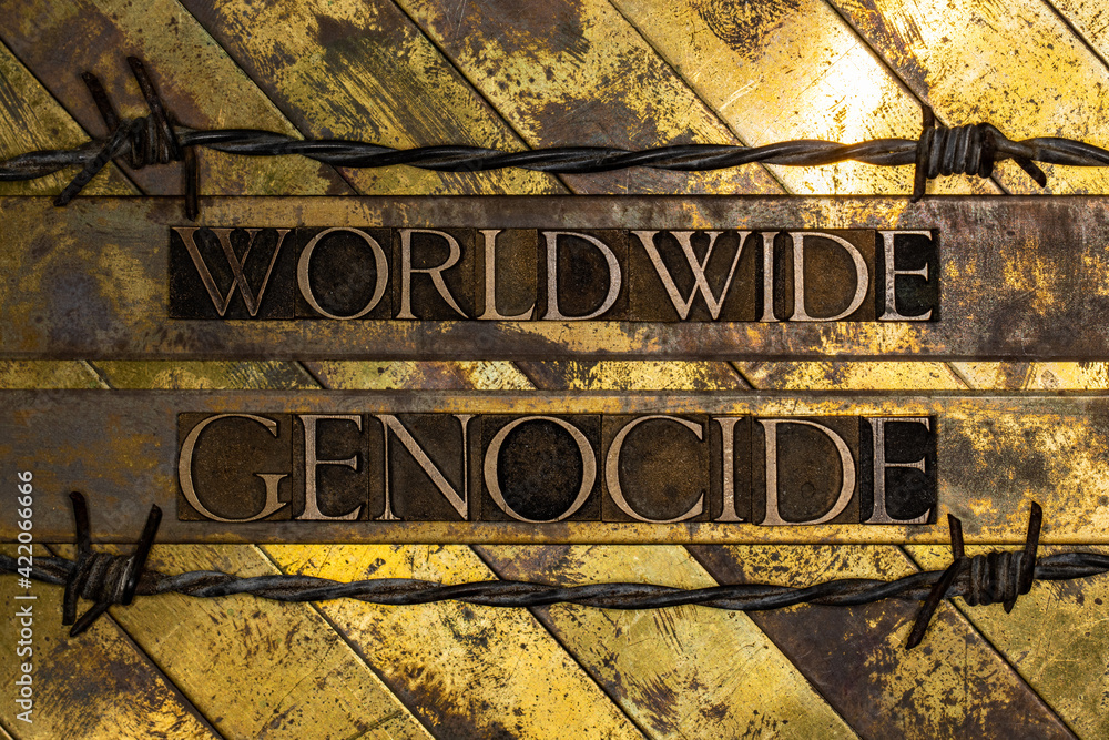 Worldwide Genocide text lined with barbed wire on vintage textured ...