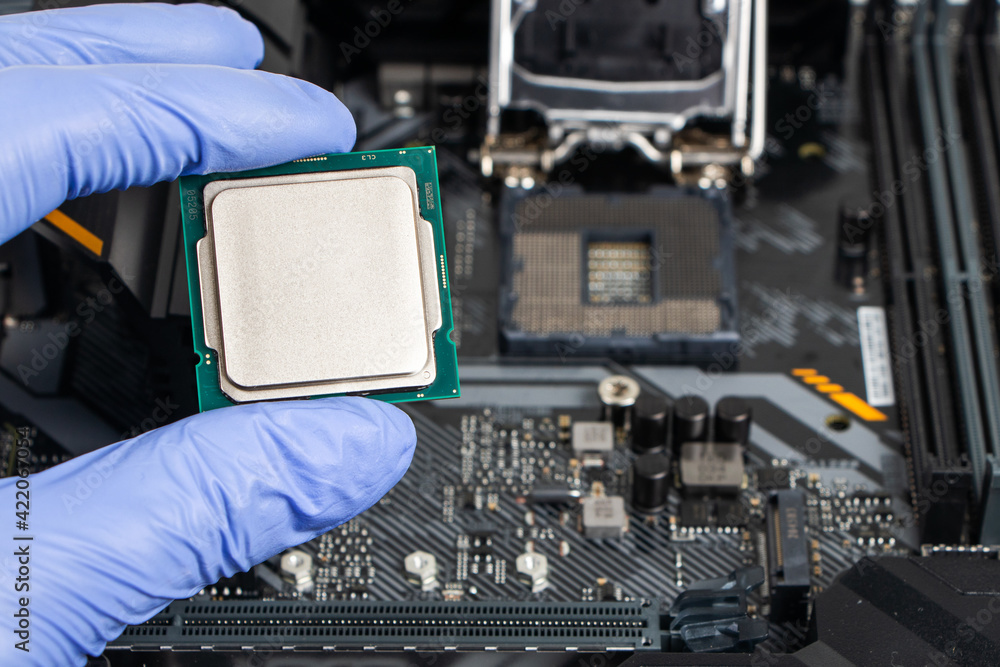 Plug in CPU microprocessor to motherboard socket. Technological ...