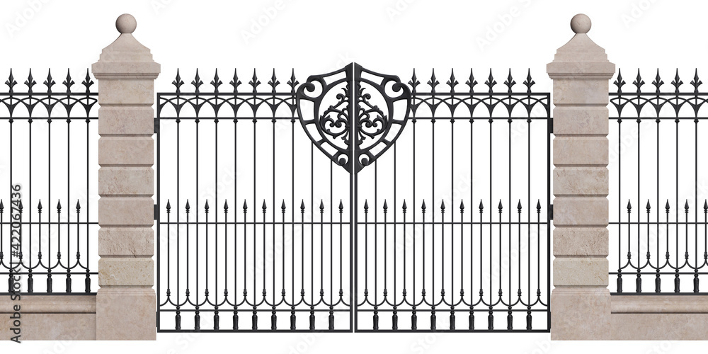 Gate. Iron fence with stone pillars. Wrought iron. Metal decor. Urban ...