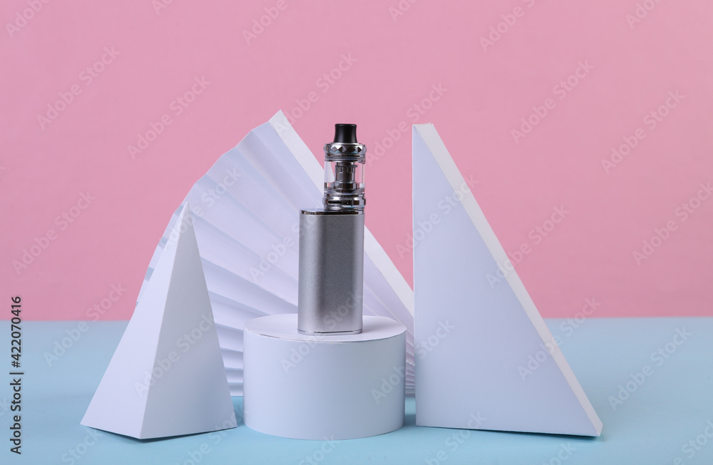 Vaping device and geometric shapes on a blue-pink pastel background ...
