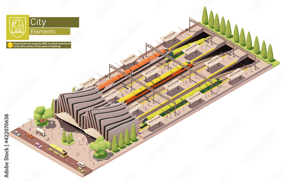 Vector isometric train station building. High-speed rail train at the ...