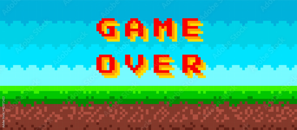 'Game over' text on 8 bit game background. Gaming controller, symbols ...