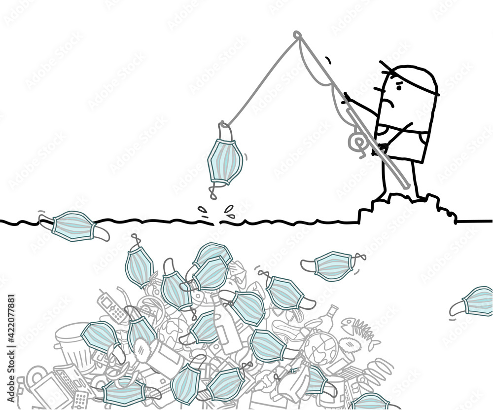 Cartoon man fishing over a big pile of garbage, with disposable Covid ...