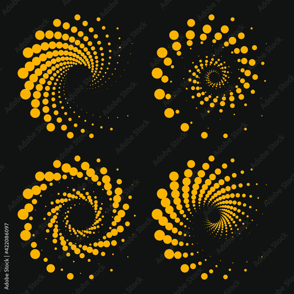 Set of yellow shapes in spiral form. Halftone dots. Gray background ...
