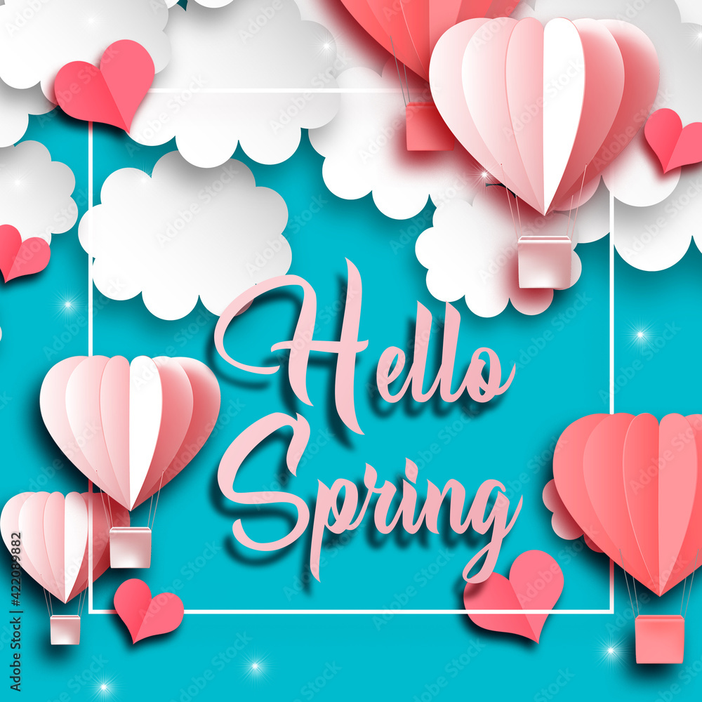 Hello Spring text on blue sky background with 3d paper cut origami ...