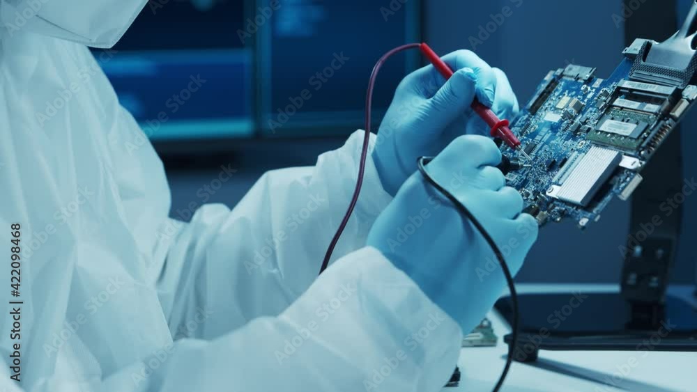 Microelectronics engineer works in a modern scientific laboratory on ...