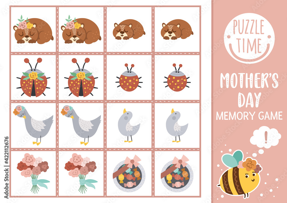 Vector Mothers day memory game cards with baby animals and their ...