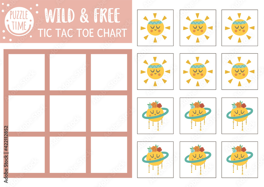 Vector wild and free tic tac toe chart with cute planet and sun. Ethnic ...