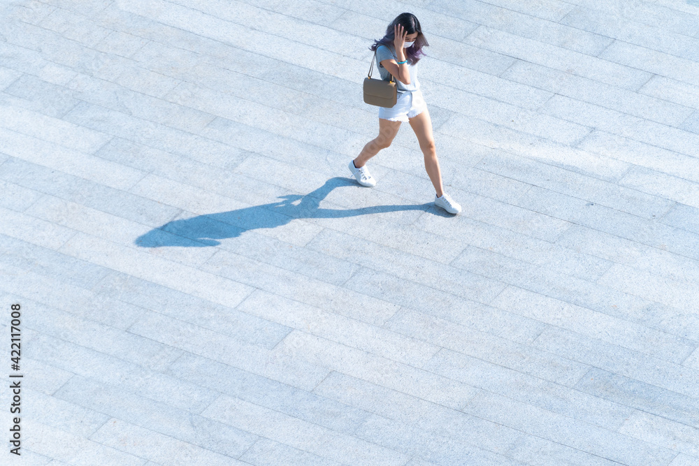 top aerial view woman people with face mask walk on across pedestrian ...