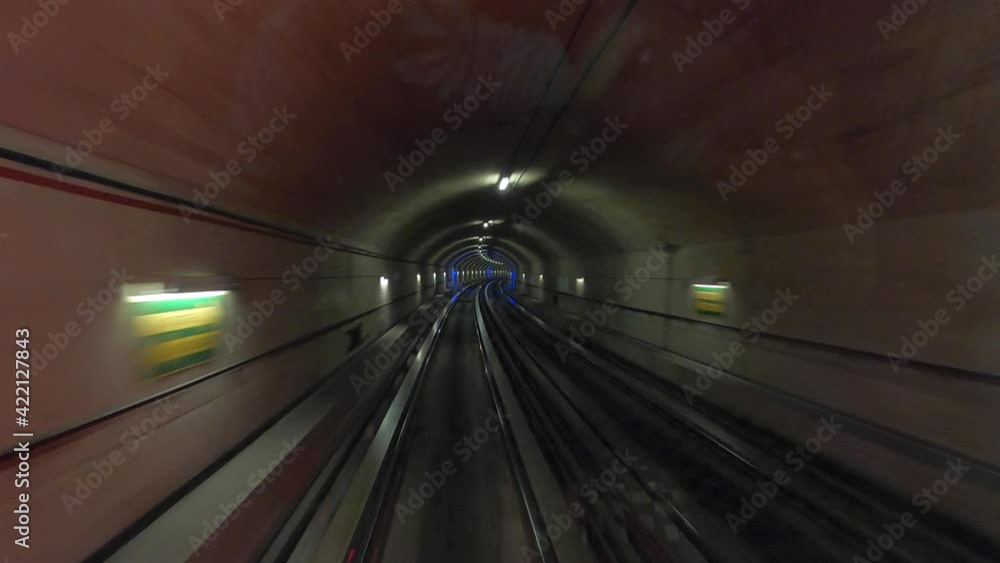 Train underground tunnel, subway, metro front view, railway, moving ...