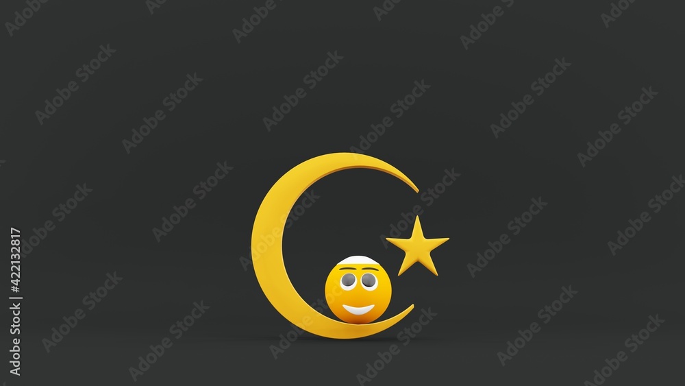 Islamic symbol with smiling emoticon. 3D illustration with copy space ...