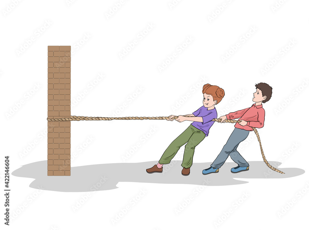science lesson subject, illustration of two child showing pull force ...