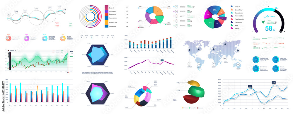 Graphic set charts, infographics and diagrams. Colorful infocharts and ...