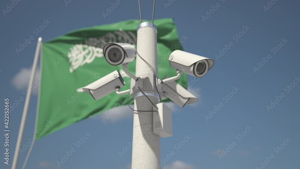 Security cameras on the pole near flag of Saudi Arabia, looping 3d ...