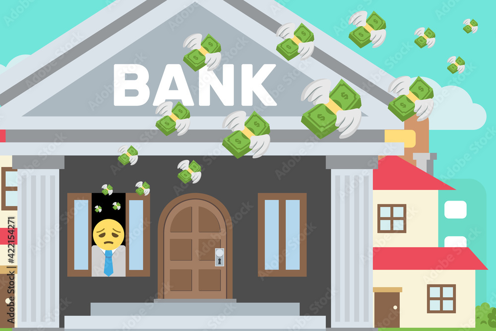 disappointed face in the bank window with flying money in townscape ...
