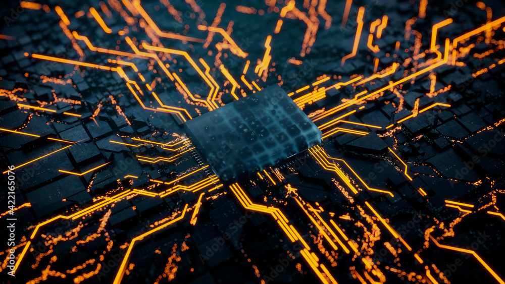 Advanced Technology Concept with Microchip. Orange Neon Data flows from ...