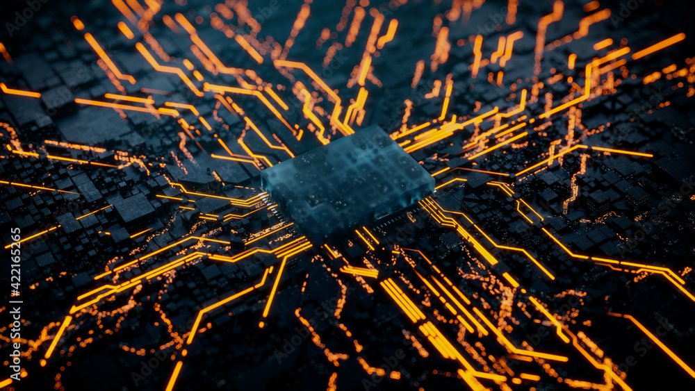 Advanced Technology Concept with Microchip. Orange Neon Data flows from ...