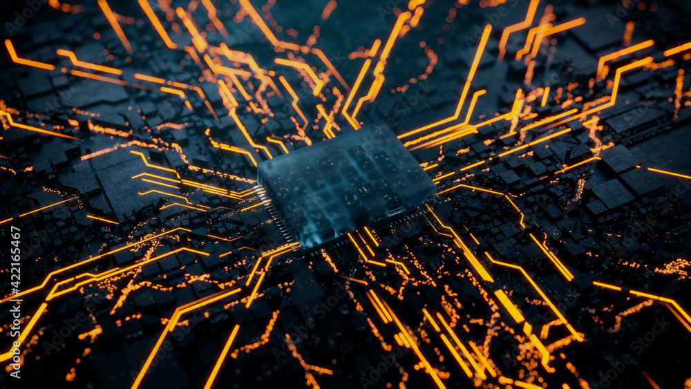 Advanced Technology Concept with Microchip. Orange Neon Data flows from ...