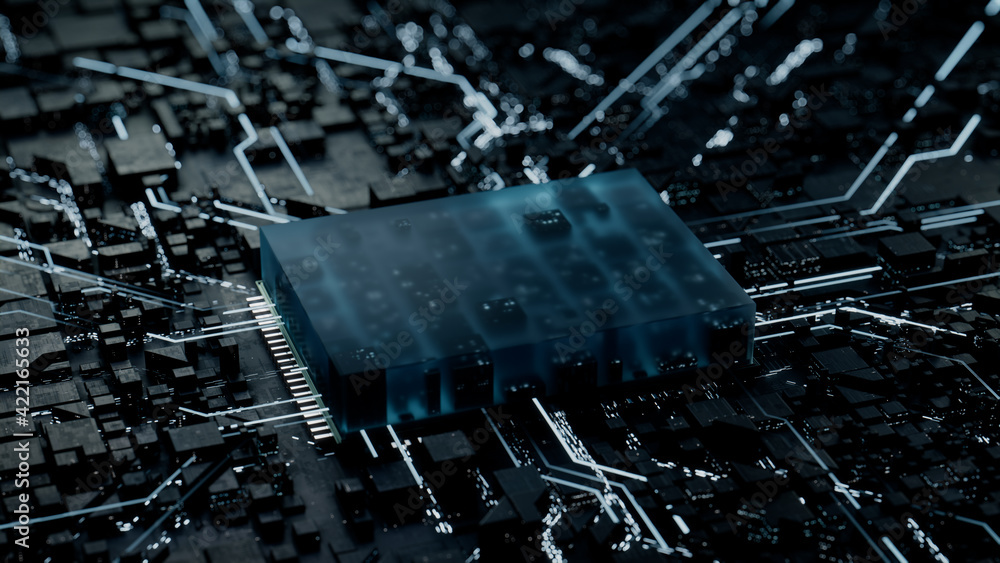 Advanced Technology Concept with Microchip. White Neon Data flows from ...