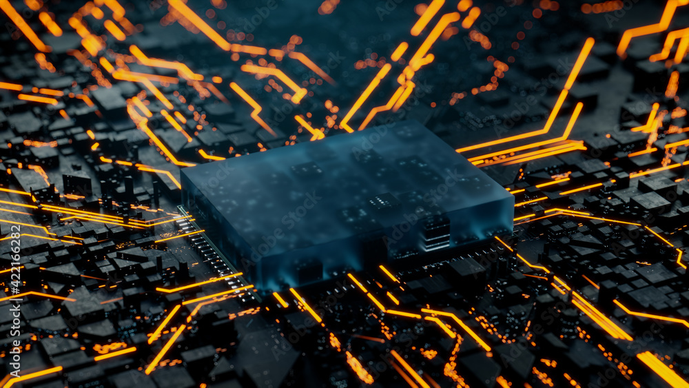 Advanced Technology Concept with Microchip. Orange Neon Data flows from ...