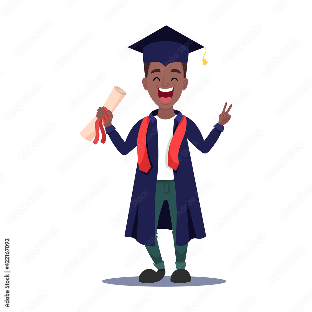 Graduate Afro-American boy smiling and wearing a black academic robe ...