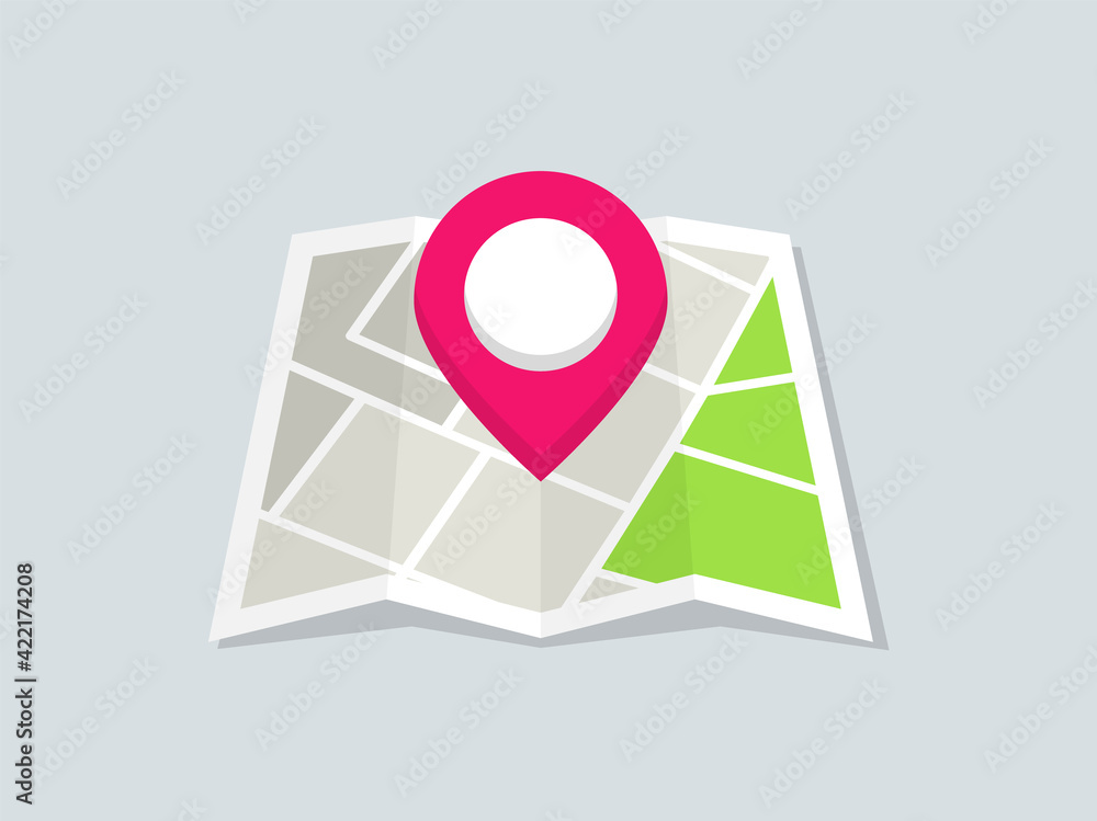 Flat folded location map with marker. City map with pin pointer. GPS navigation map with city ...
