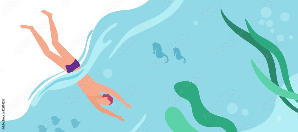 Summer vacation swim sport activity vector illustration. Cartoon young ...