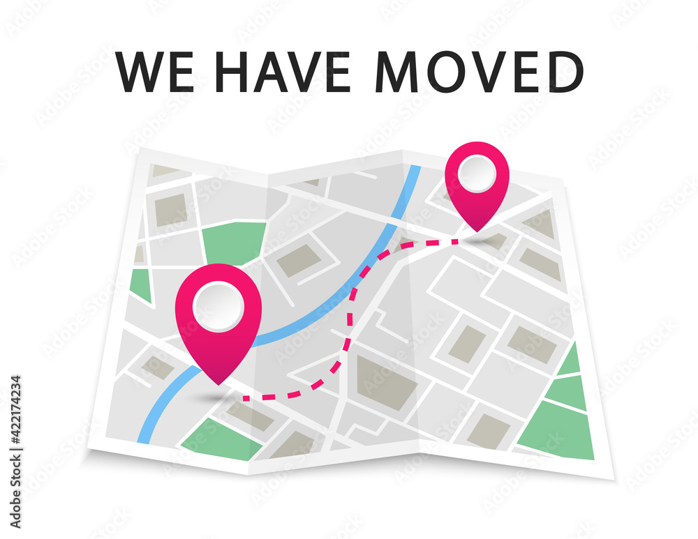 We have moved. Navigation map with pointers. Map location with changed ...