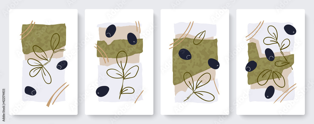 Abstract minimal olives fruits and leaves vector illustration set ...