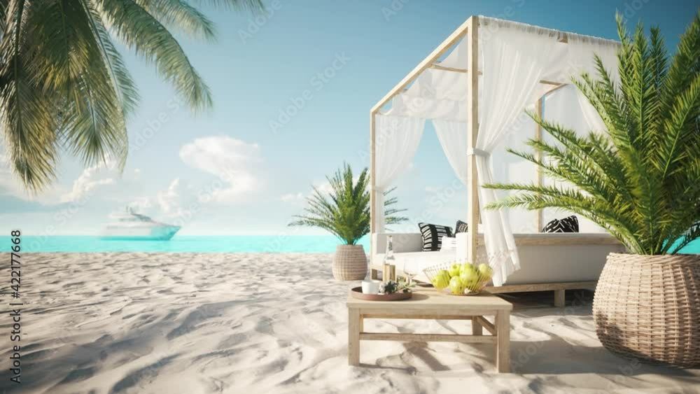 Beach Lounge bed on the beach. White beach canopies. Luxury beach tents ...