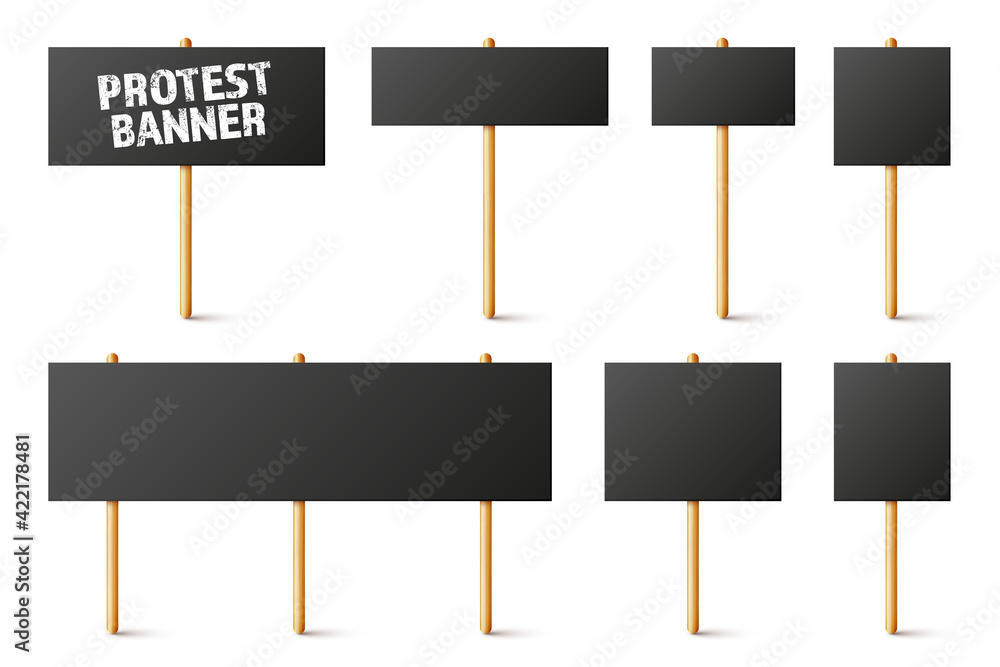 Blank black protest signs with wooden holder. Realistic vector ...