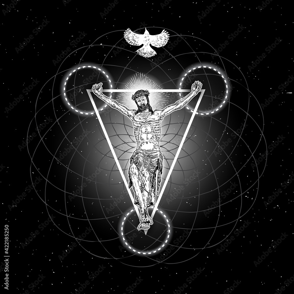 Jesus Christ modern interpretation of crucifixion with bird fly over ...