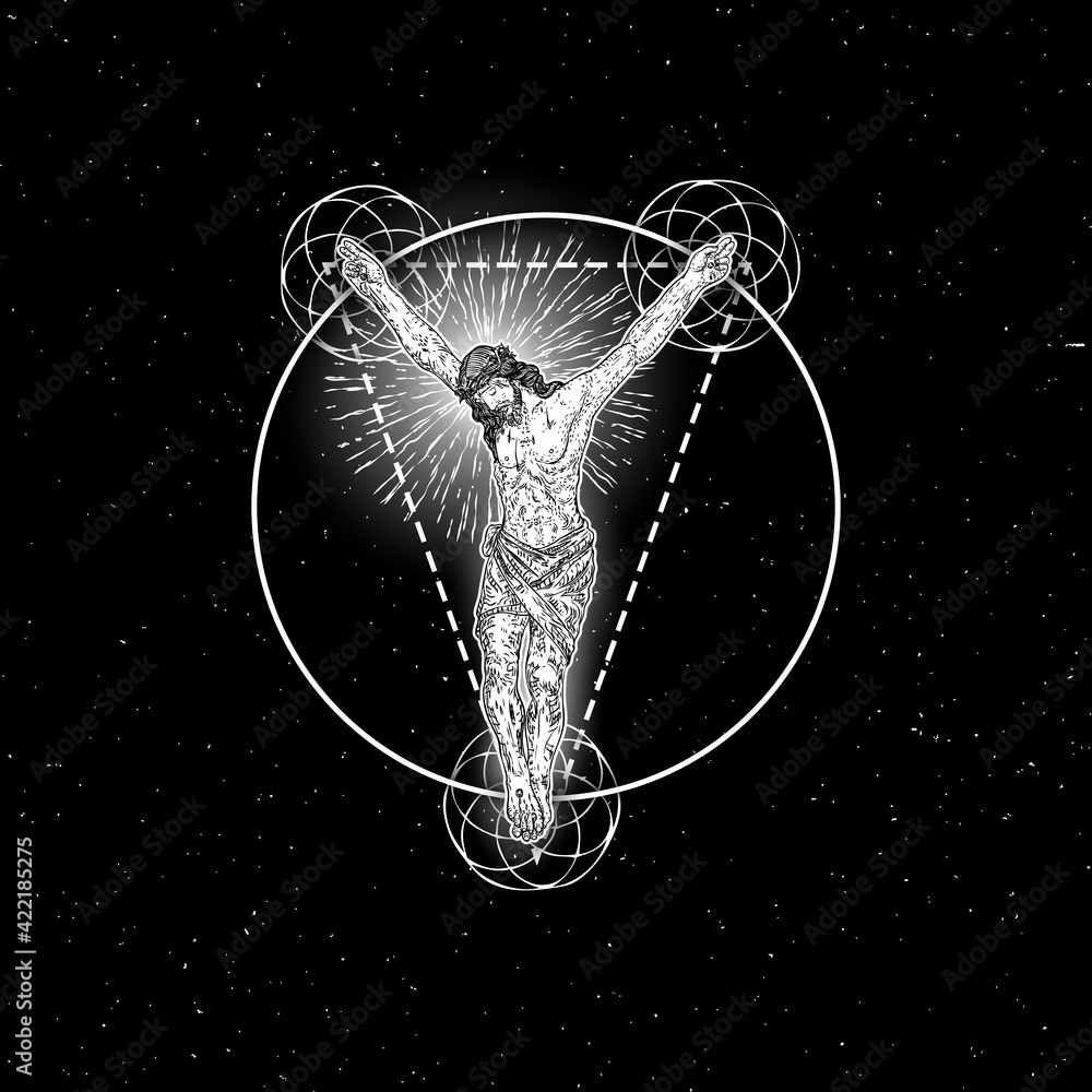 Jesus Christ modern interpretation of crucifixion with bird fly over ...