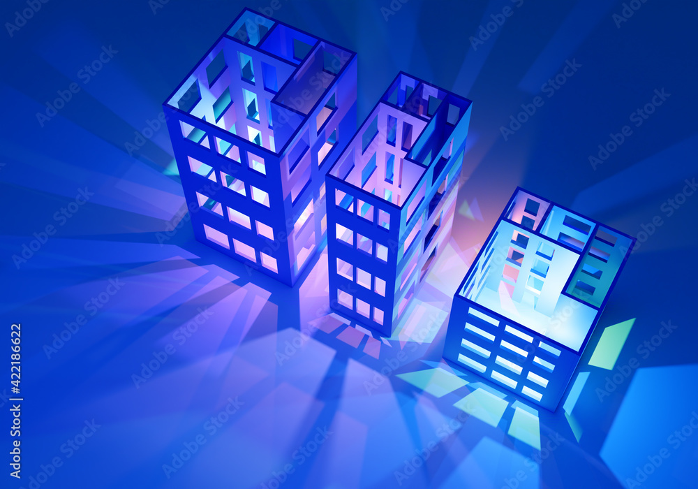 Multi-storey building layouts on a blue background. Three-dimensional ...