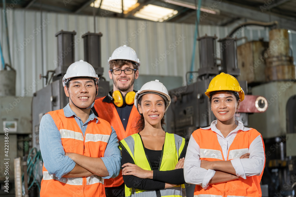 Group of Diversity factory worker people standing when success the ...