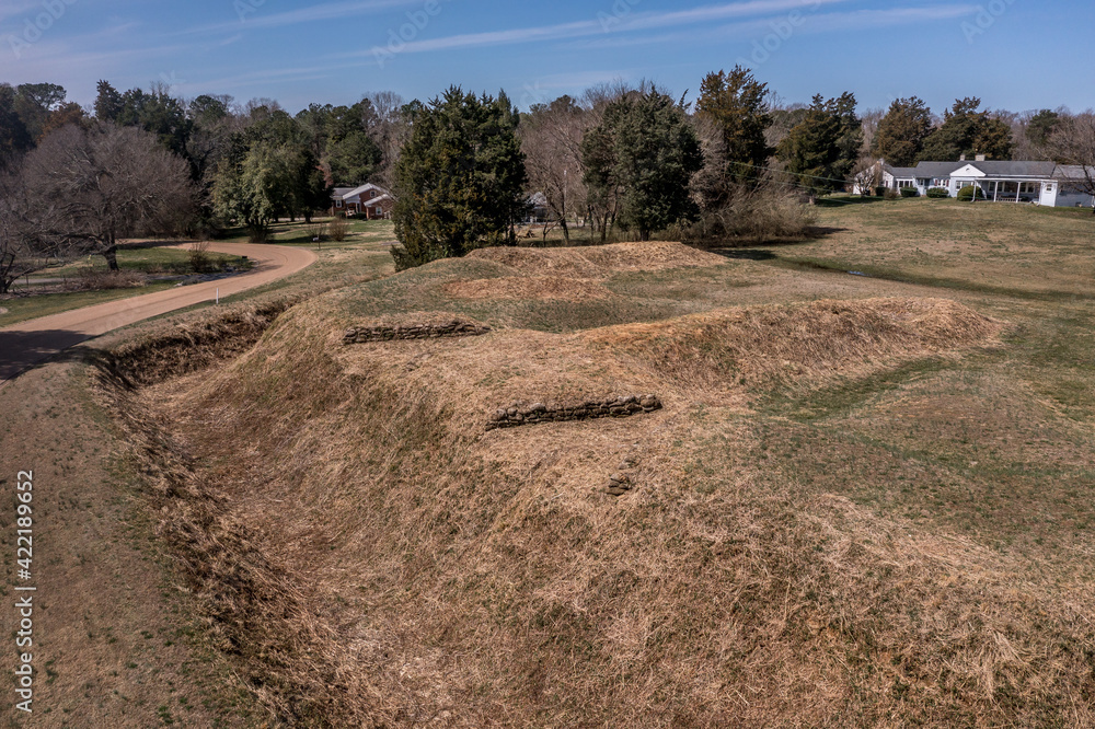 Closeup view of Fort Hoke earthworks with cannon gun loopholes in ...