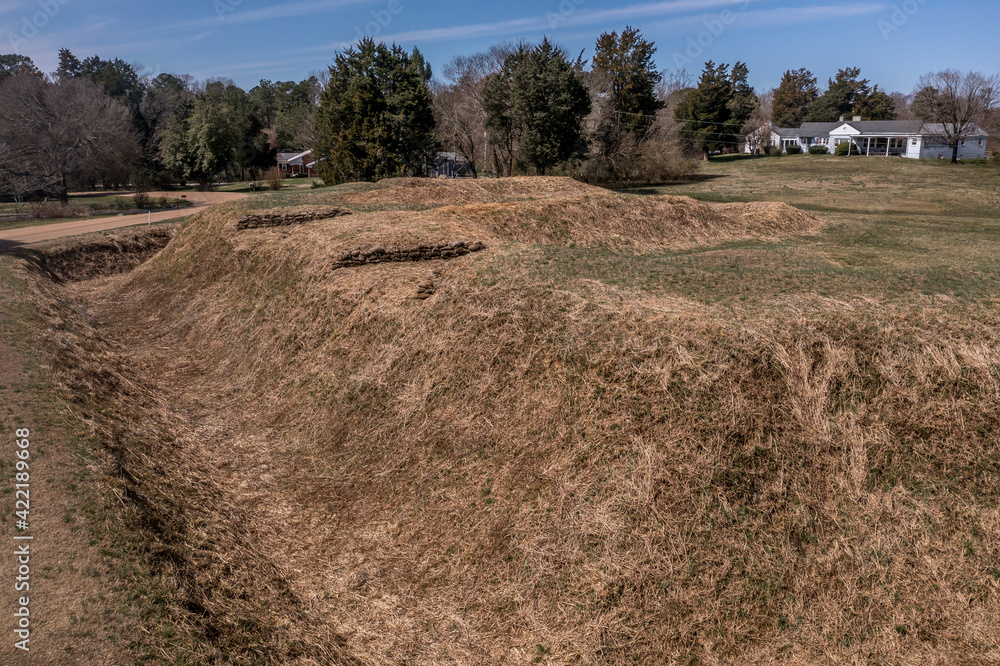 Closeup view of Fort Hoke earthworks with cannon gun loopholes in ...