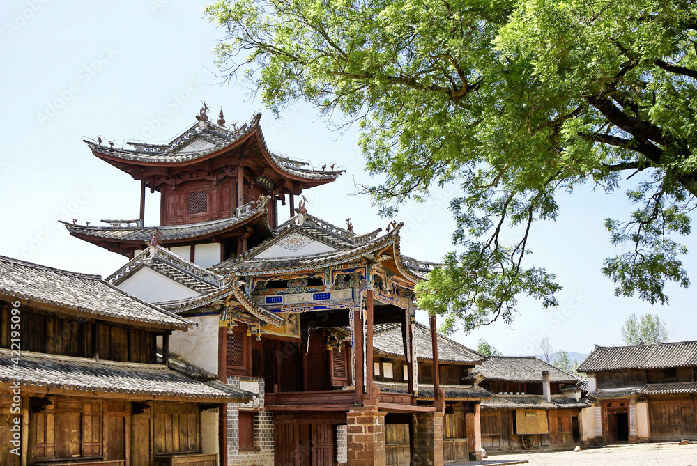 Poster Old tile-roofed wood buildings, including a Qing Dynasty theater ...
