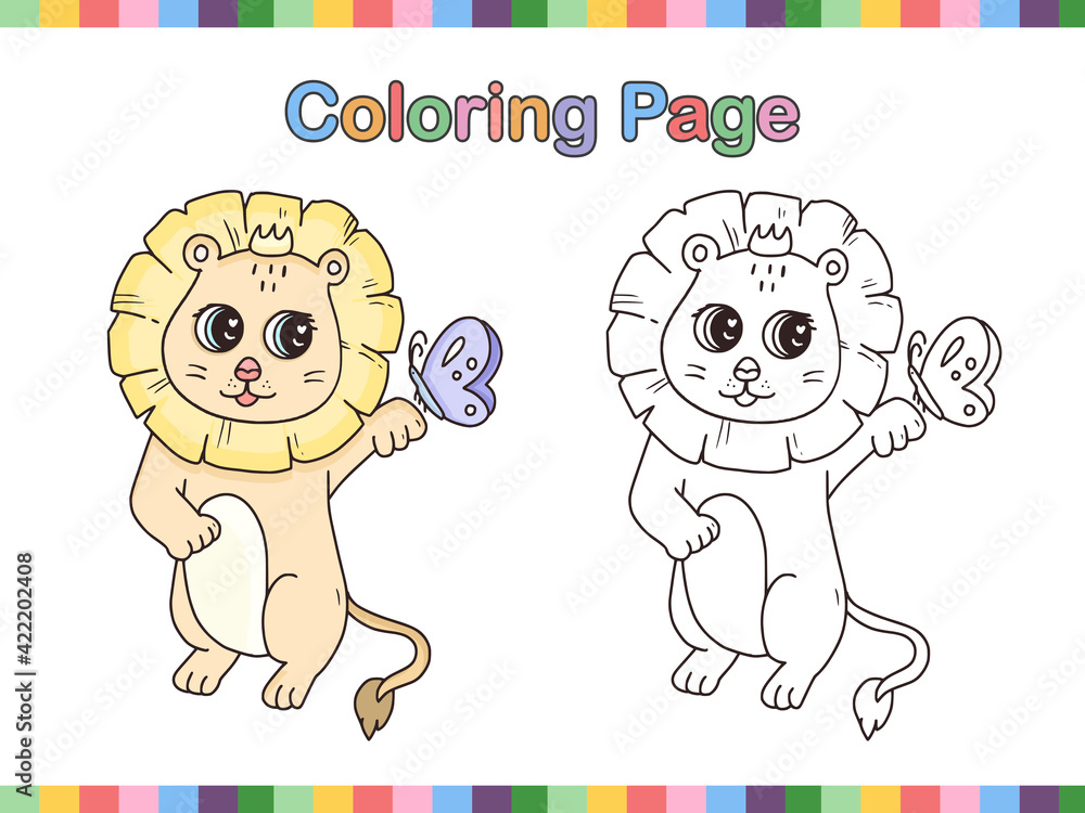Cute lion and butterfly animal sitting cartoon coloring book page line ...