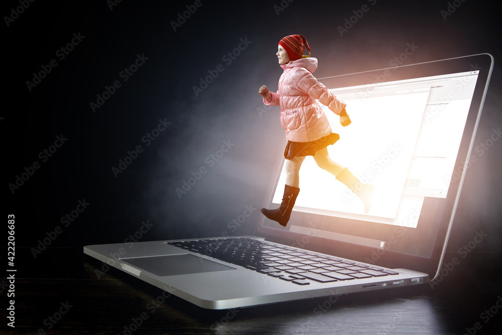 Little girl walking out of computer sreen Stock Photo | Adobe Stock