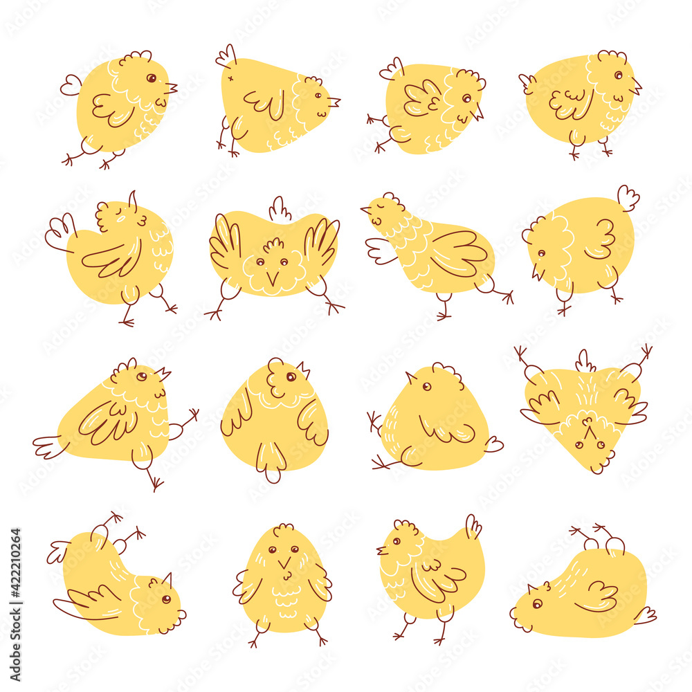 Set of cartoon chickens. Yellow hens and chickens in different poses ...