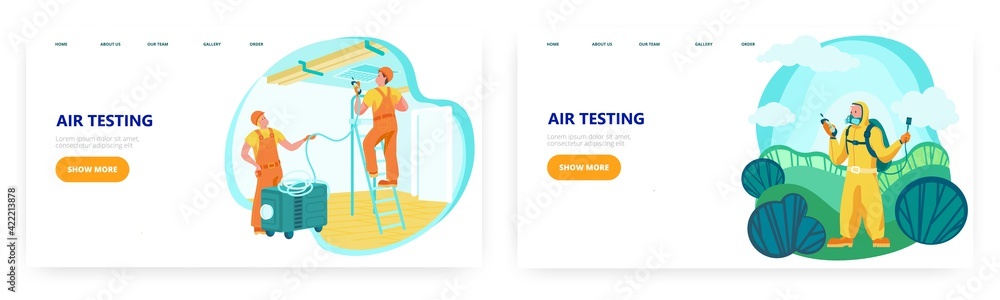 Air testing landing page design, website banner vector template set ...