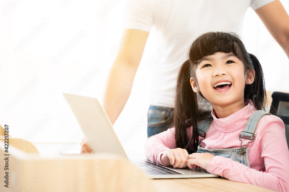 Asian girl student online learning class study using laptop and parent ...