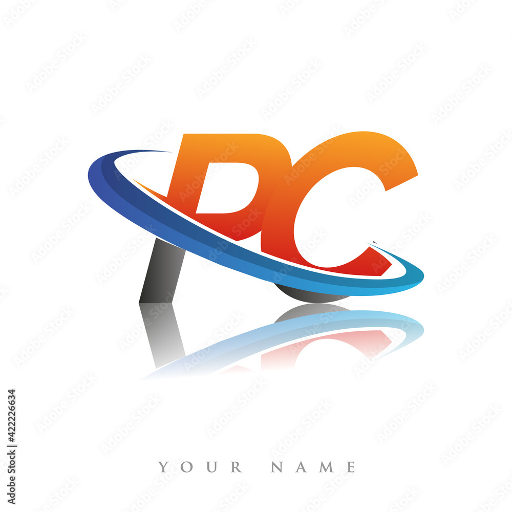 initial logo PC company name colored orange and blue swoosh design ...