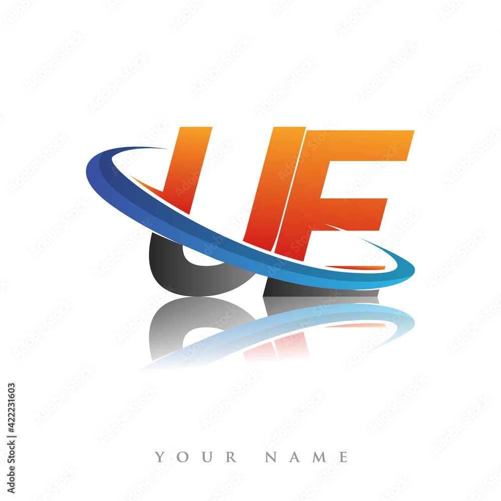 initial logo UE company name colored orange and blue swoosh design ...
