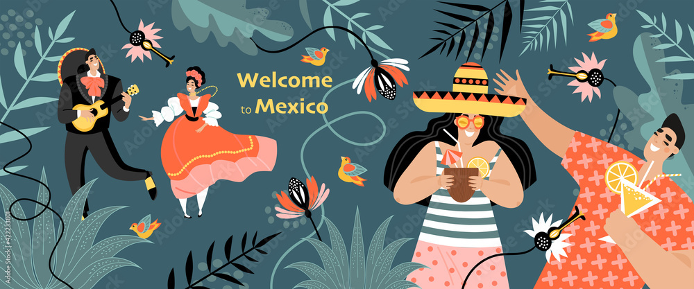 Welcome to Mexico concept. Banner with funny young people drinking ...