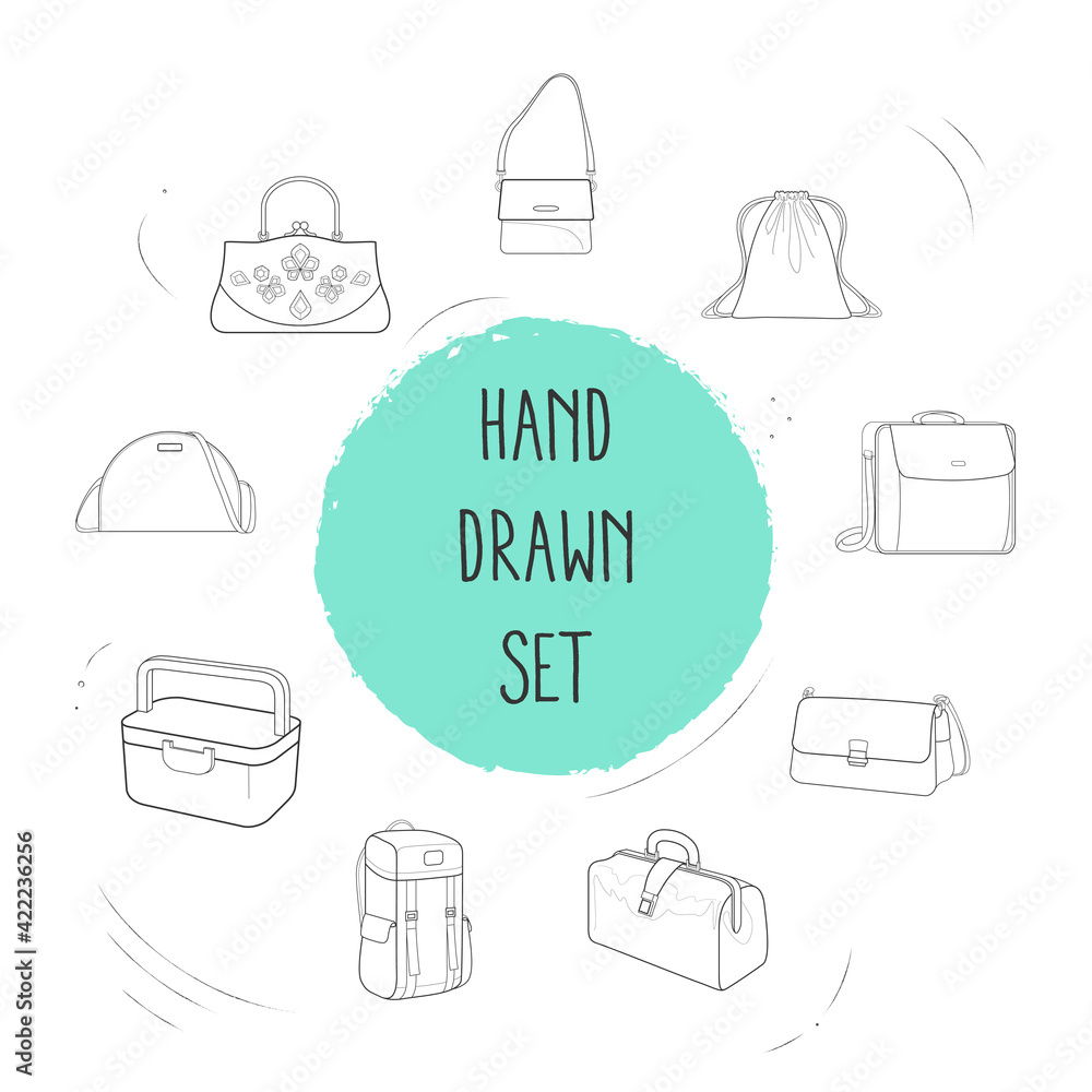 Set of bag types icons line style symbols with doctor bag, half moon ...