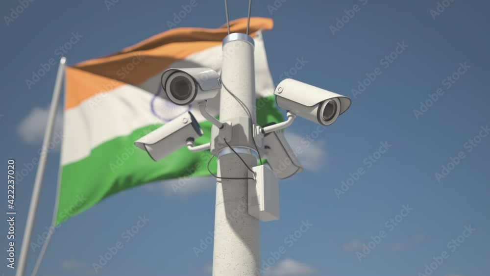Outdoor security cameras on the pole near flag of India. Looping 3d ...