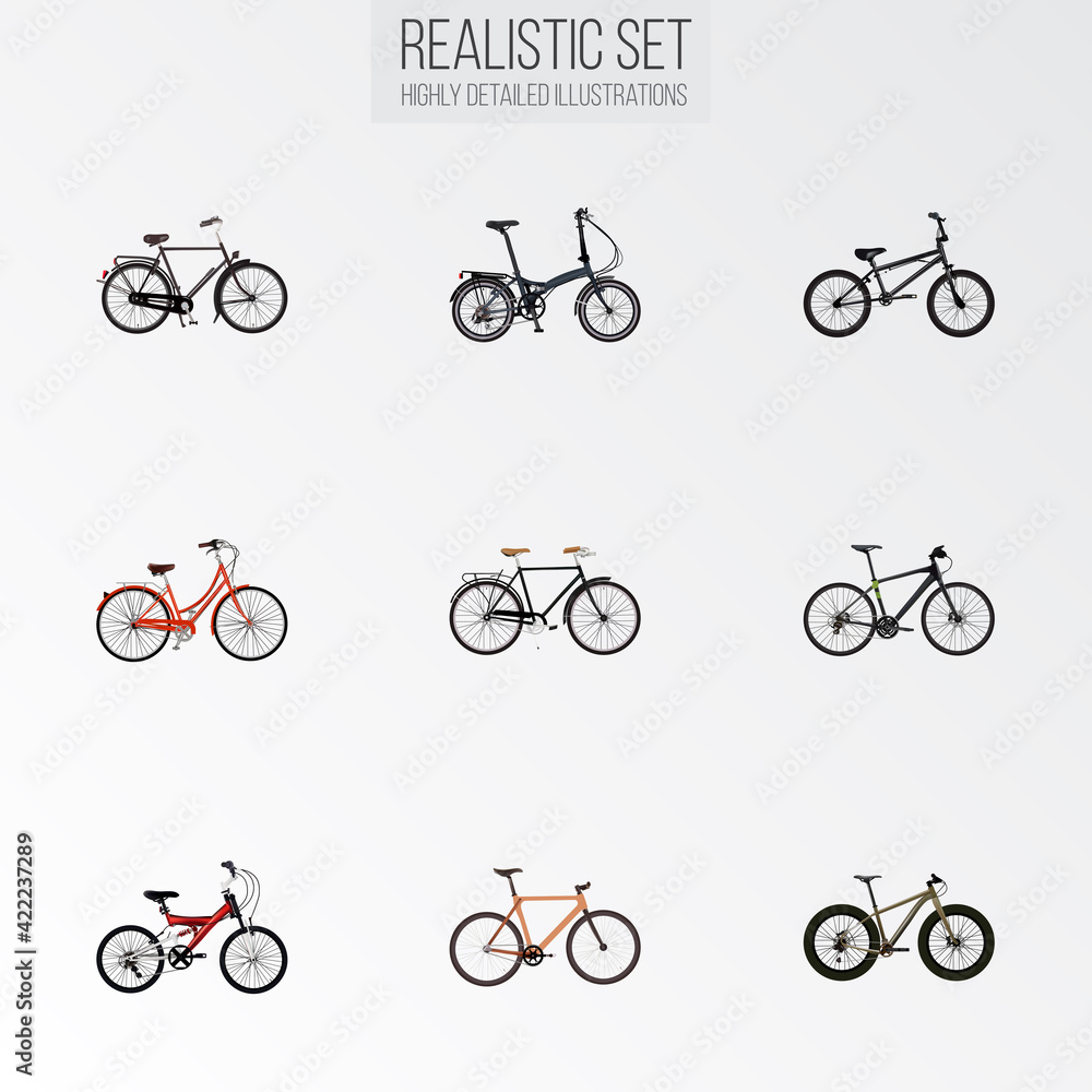 Set of bicycle realistic symbols with stylish, extreme biking, teenager ...